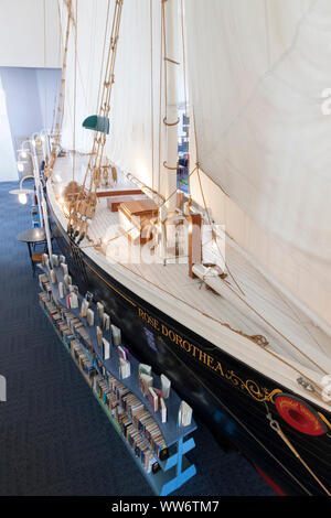 Masts of a half-scale model of the Rose Dorothea schooner, inside ...