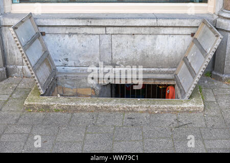 Open Trap Doors for Cellar Basement Access Stock Photo - Alamy