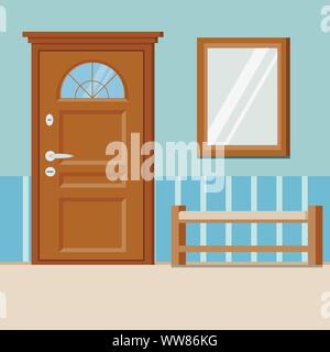 Retro hallway. Cartoon corridor interior with stairs and entrance door ...