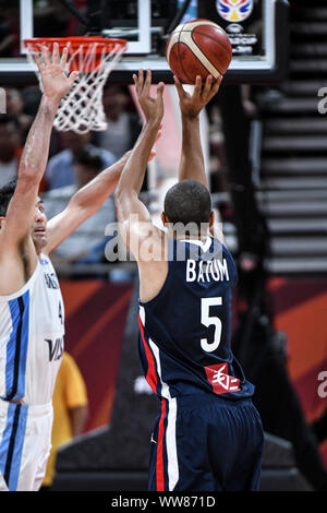 A player of France national basketball team arrives at the Shenyang ...
