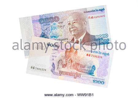 Cambodian one thousand riel note on a white background Stock Photo ...