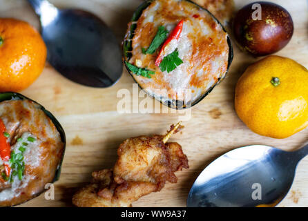 Traditional Thai food called haw moak which is a steamed curried fish ...