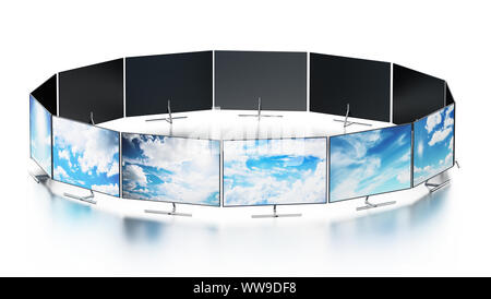 Wall of modern TV screens arranged in circular shape. 3D illustration ...