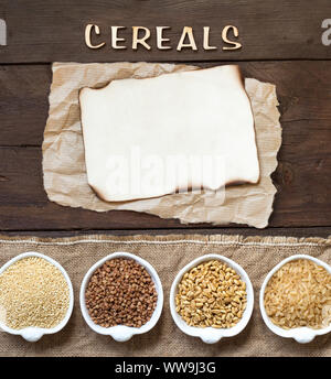 Cereals in bowls border with word Cereals Stock Photo - Alamy