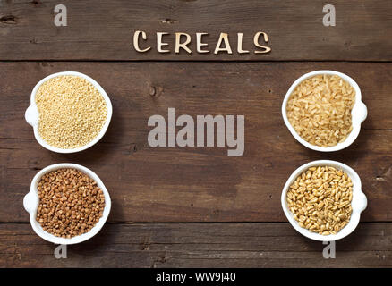 Cereals in bowls border with word Cereals Stock Photo - Alamy