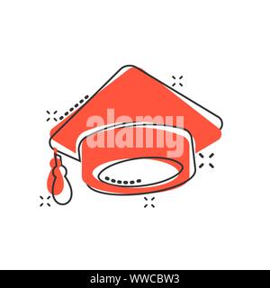 Graduation cap icon in comic style. Education hat vector cartoon ...