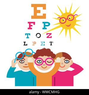 Children on optometry test. Illustration of Three children on Eye ...