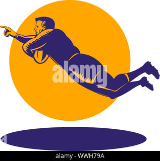 Illustration of a rugby player diving to score a try on isolated ...