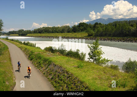 Cycle touring in the valley of the Rhine River, Switzerland, view from ...