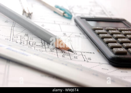 Architect's accessories on plan papers Stock Photo - Alamy