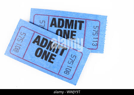 Two blue admit one tickets isolated on white background Stock Photo - Alamy