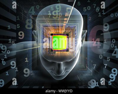 Collage of human head, computer chip, digits and various abstract ...