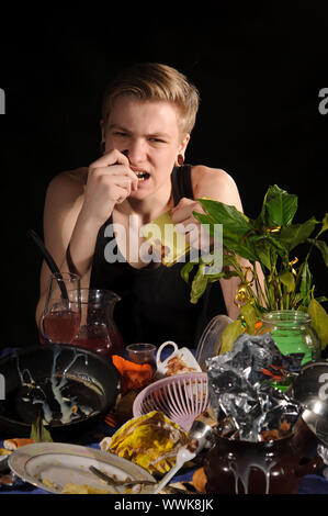 Messy dining room, table with plate and glasses after lunch Stock Photo ...