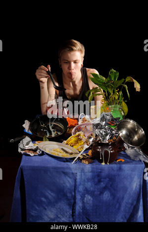 Messy dining room, table with plate and glasses after lunch Stock Photo ...