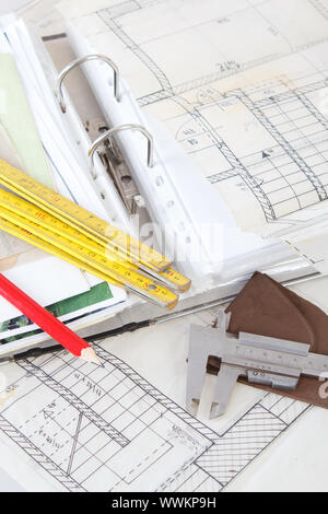 Architectural plans of the old paper and measuring tape Stock Photo - Alamy
