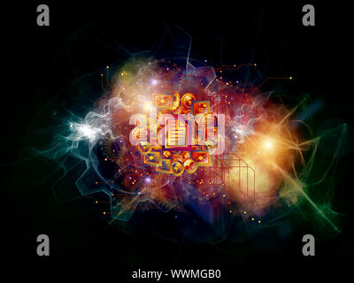 Backdrop composed of communication symbols, gears and abstract design ...