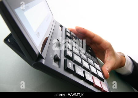 girl hand calculate on white background Stock Photo - Alamy