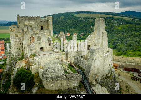 Aerial view of medieval ruined Beckov castle in Slovakia above the Vah ...