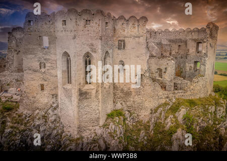 Aerial view of Beckov castle with restored Gothic chapel in Slovakia ...