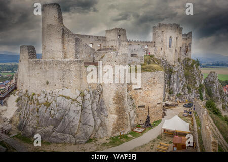 Aerial view of medieval ruined Beckov castle in Slovakia above the Vah ...