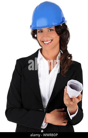 Blue rolled up engineering drawing planer chisels wooden studs on wood ...
