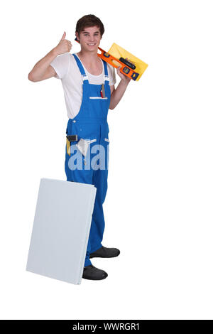 happy plasterer portrait with tools Stock Photo - Alamy