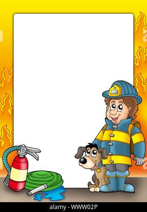 Fire protection frame with fireman - color illustration Stock Photo - Alamy
