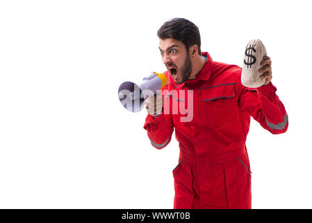 Young repairman with a megaphone and a money bag isolated on white ...