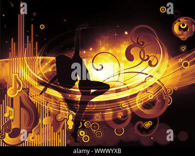 Graphic composition of girl silhouette, notes, lights and abstract ...