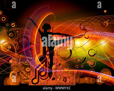 Graphic composition of girl silhouette, notes, lights and abstract ...