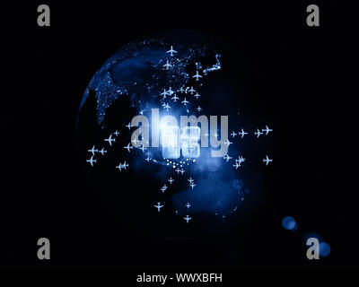 Rendering of city light map (courtesy of NASA), abstract lights and ...