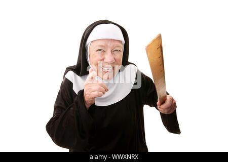 Funny nun carrying wooden ruler as a weapon Stock Photo - Alamy