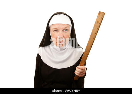 Funny nun carrying wooden ruler as a weapon Stock Photo - Alamy