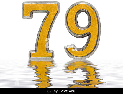 Numeral 79, seventy nine, reflected on the water surface, isolated on ...