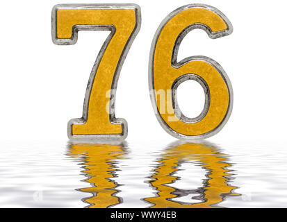 Numeral 76, seventy six, reflected on the water surface, isolated on ...