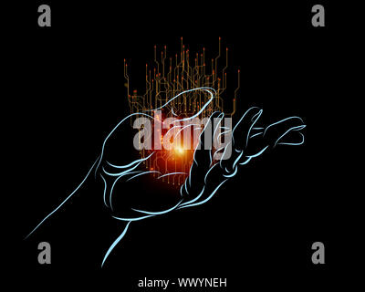 Composition of human hand and technological elements with metaphorical ...