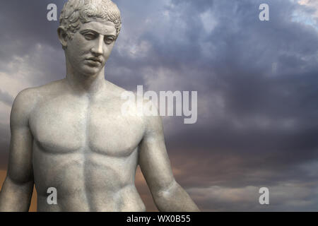 Greek Sculpture. Young Adonis bronze statue with blue sky background ...
