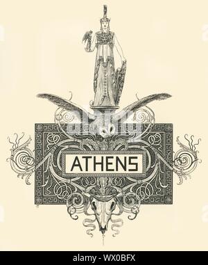 Pallas Athena, goddess of the city of Athens, jewellery, crown, statue ...