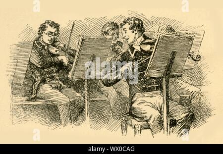 Franz Schubert playing stringed instrument at Schubertiade with friends ...