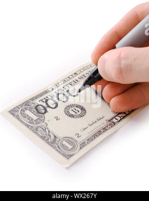 Male hand draw nil on dollar photographed on a white background Stock ...