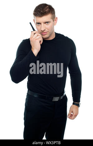 Professional man communicating isolated against white background Stock ...