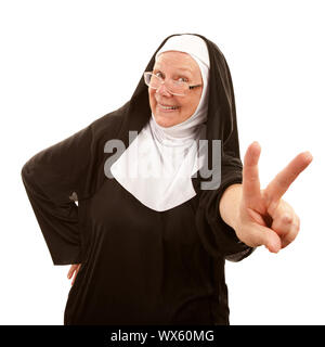 Funny Nun Making A Peace Sign with Gloved Hand Stock Photo - Alamy
