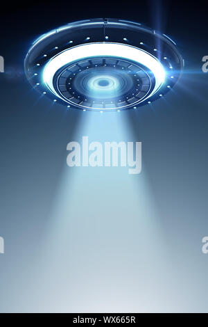 The illustration of flying saucer emitting light - 3d rendering Stock ...