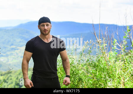 Power of nature. Discover world. Masculinity and male energy. Man ...