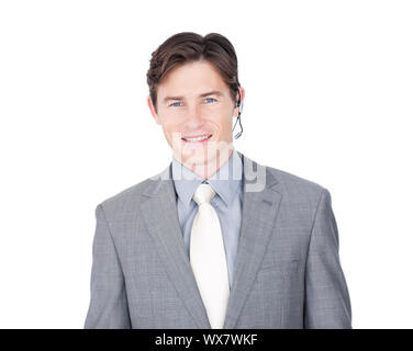 Assertive customer service agent with headset on against a white ...