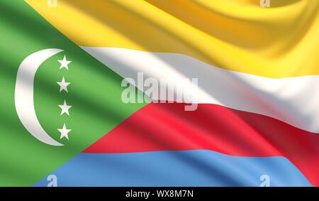 Flag of Comoros. Waved highly detailed fabric texture. 3D illustration ...