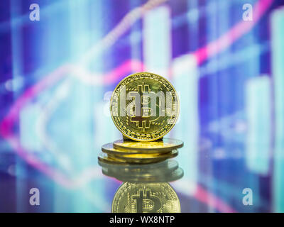 Bitcoins digital crypto currency golden coins logo Stock Photo - Alamy