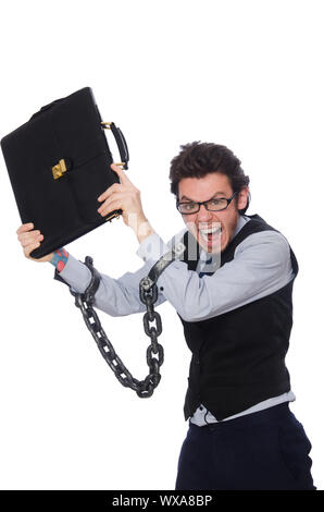 Chained male employee isolated on white Stock Photo - Alamy