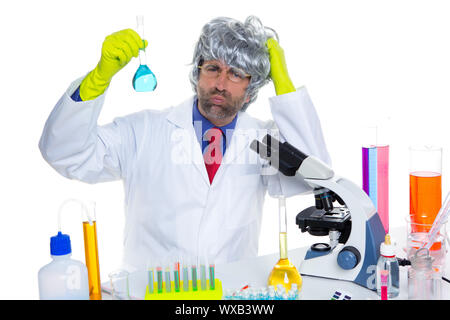 Crazy nerd scientist silly man gray hair on chemical laboratory Stock ...