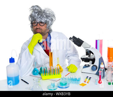 Carzy pensive nerd scientist at chemical laboratory Stock Photo - Alamy
